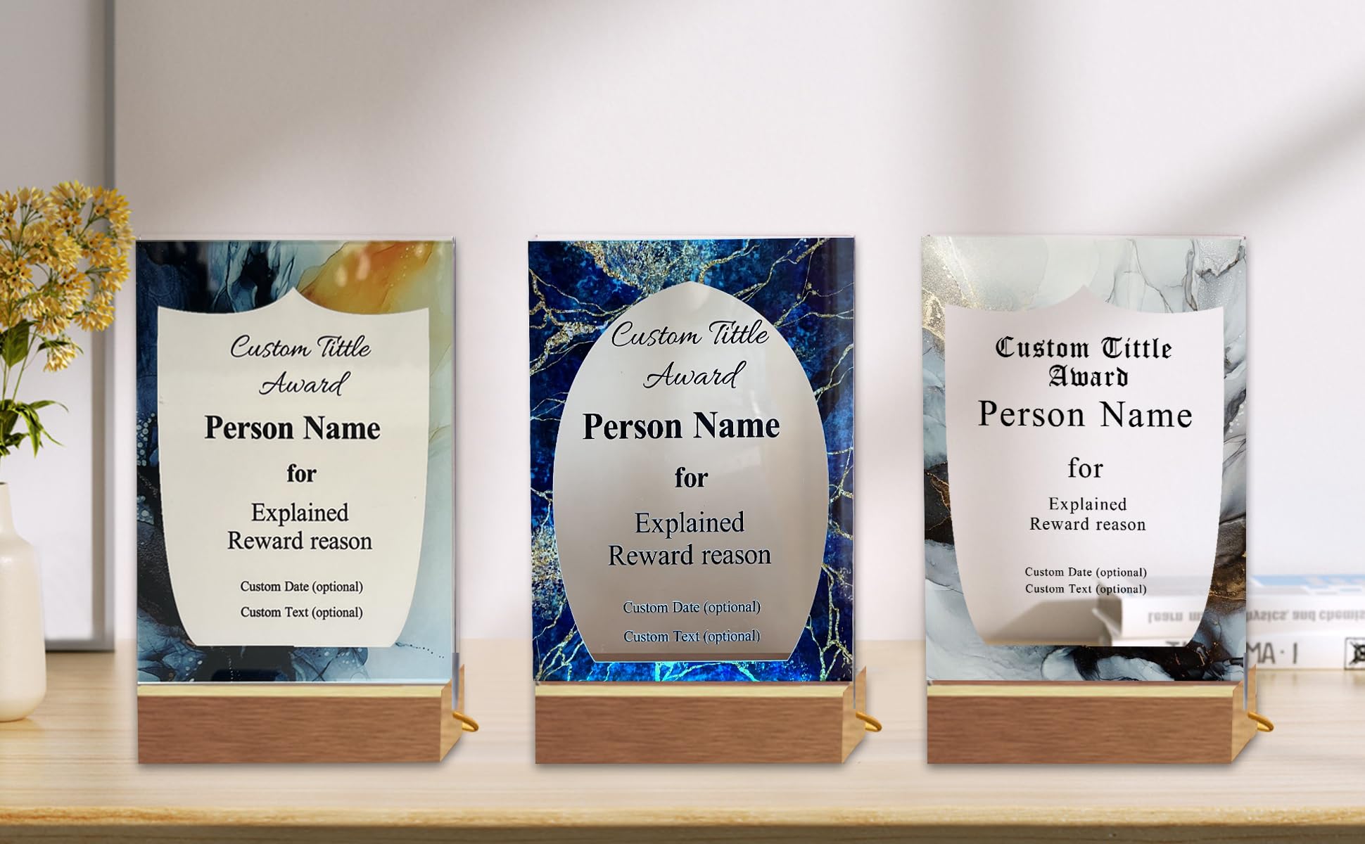 Tina&Co Customizable Award Plaque,Custom Award Plaque, Personalized Trophy Award,6 types of marble backgrounds, 5 shapes, 4 Base, with the option to add text or photos. (Award Plaque)