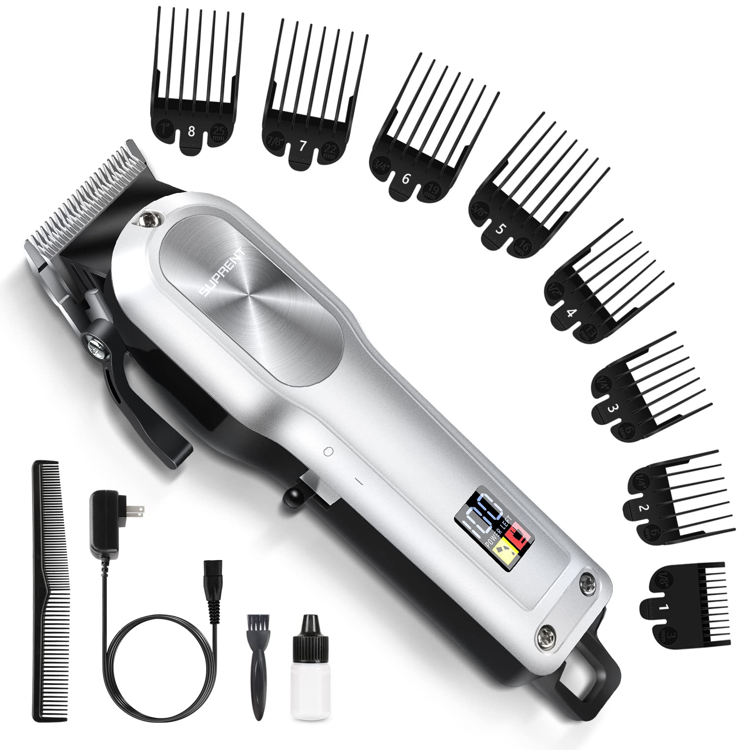 SUPRENT Cordless Hair Clippers for Men, Professional Hair Cutting Kit with 2000mAh Lithium Ion, Barber Clipper Set with Lock-in Length, LED Display
