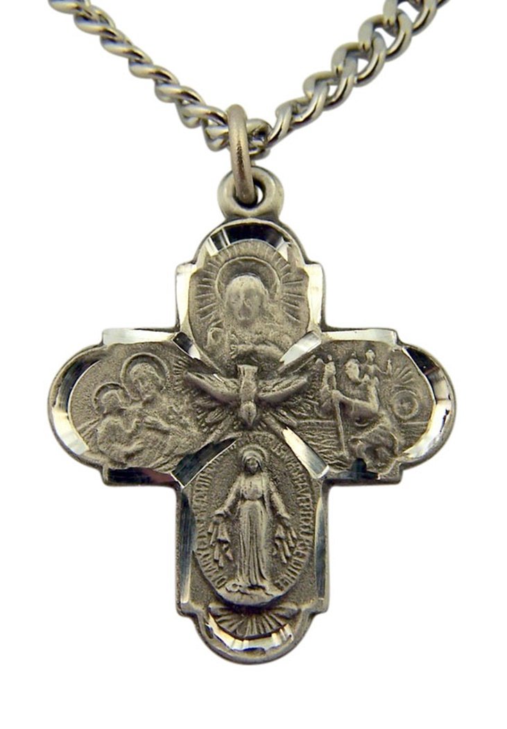 Religious Gifts Pewter Four-Way Scapular Cross Pendant with Bright Cut Accents, 13/16 Inch