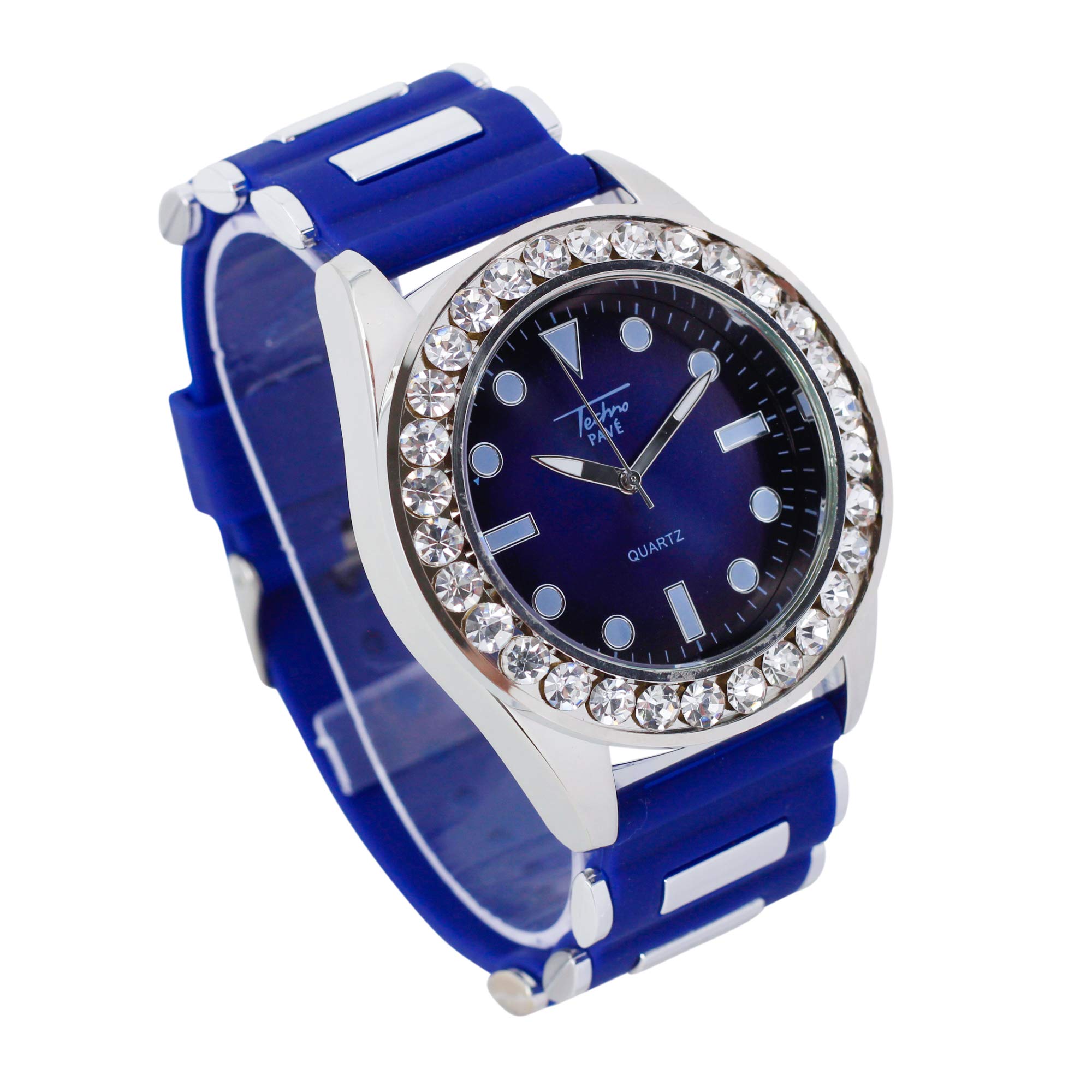 Techno Pave Mens Silver Hip Hop Iced Out Silicone Band Watch with Solitaire Bezel and Unique Time Indicators - Silicone Band Breathable Strap with Adjustable Holes