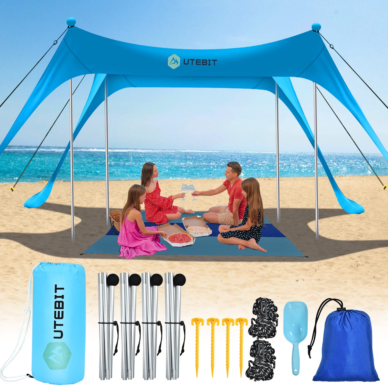 UTEBIT Beach Tent Pop Up Shade with Beach Mat, UPF50+ 10X10 FT Beach Tent Sun Shelter (4-8 Adults) with Sand Shovel, Ground Pegs and 4 Stability Poles, 4 Support Ropes, ect..