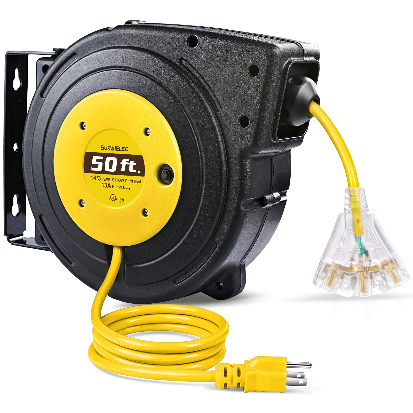 SURAIELEC 50 FT Extension Cord Reel, 14 Gauge Retractable Extension Cord, SJTOW 14 AWG/3C Heavy Duty Power Cord, 13 AMP Circuit Breaker, Lighted Triple Tap, Ceiling or Wall Mount, UL Listed