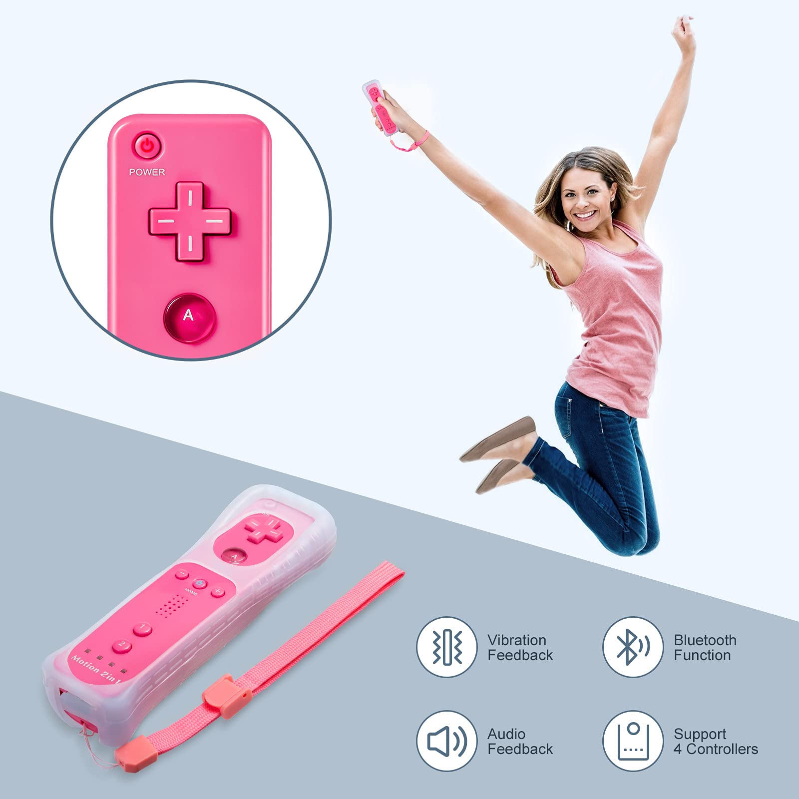 Wii Remote Controller 2 Packs Wireless Wii U Motion Plus Remote Controller with Silicone Protective Case and Wrist Strap Compatible for Nintendo Wii and Wii U (Pink and Blue)
