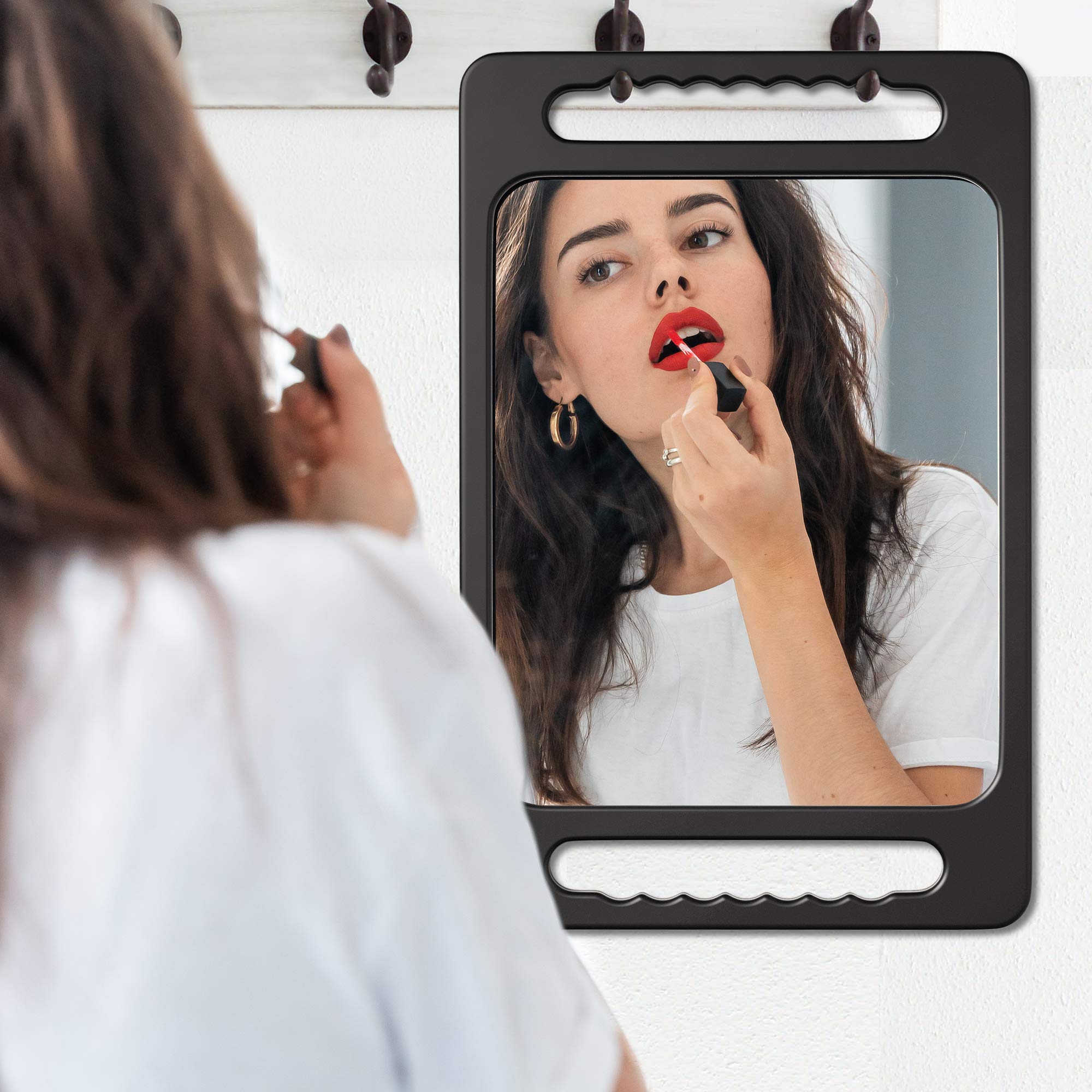 TASALON Unbreakable Hand Mirror with Double Handle - Large Handheld Barber Mirror for Hair and beauty Salon - Durable Hand Held Mirrors for barbershop - Lightweight Haircut Mirror with Double Handgrip