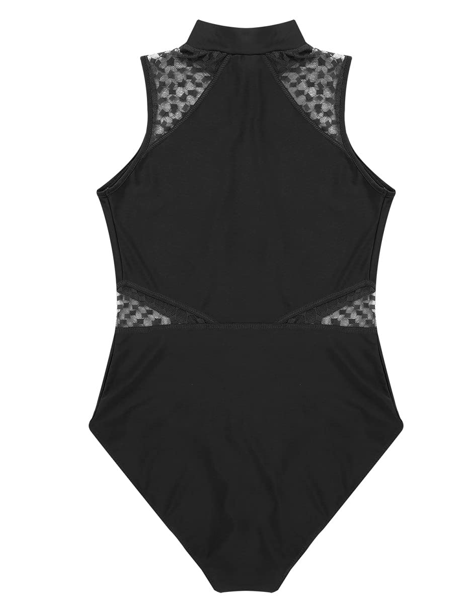 Yeeye Women's Turtleneck Sleeveless Mesh Splice Zipper Ballet Dancewear Leotard Gymnastics Bodysuit Black Small