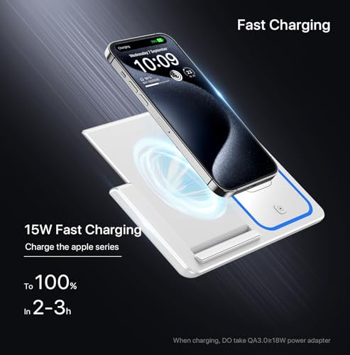 Wireless Charger, 3 in 1 15W Fast Charging Dock Stand for iPhone 15/14/13/12/11/Pro Max/XS/XR/X/8 Plus/8, Compatible with Apple Watch Series and AirPods 3/2/Pro (White)