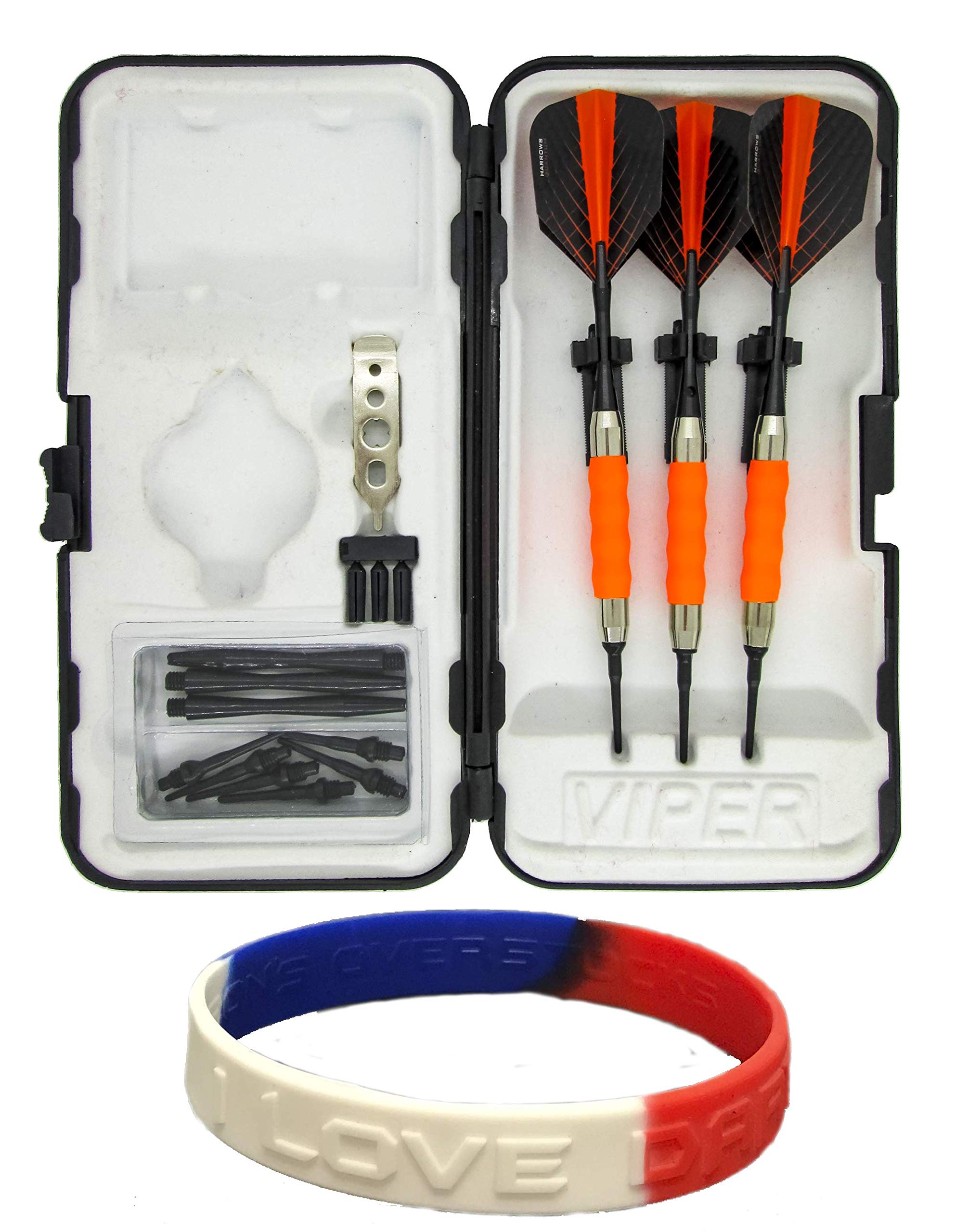 Sure Grip Viper Orange Soft Tip Darts with Dart Case & Accessories Choice of Flights 16 or 18 Grams Plus I Love Darts Bracelet (Harrows Quantum, 18g)