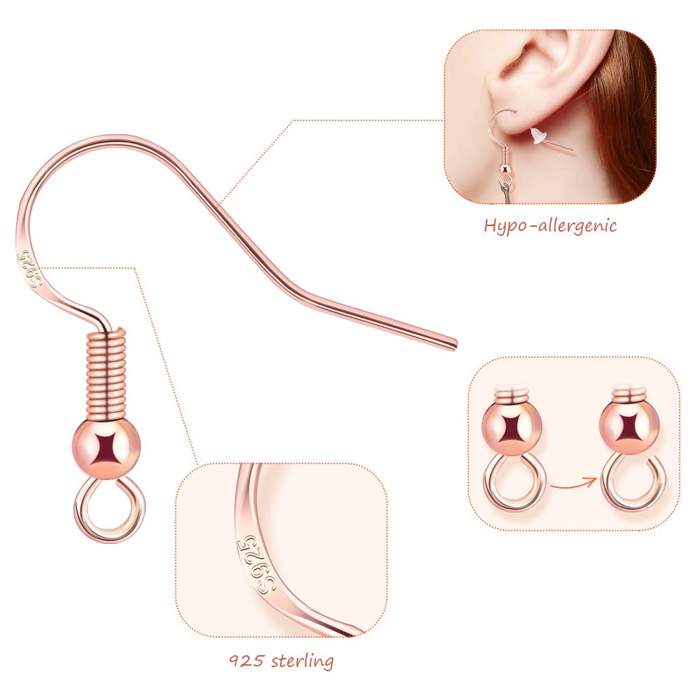 Rose Gold 925 Sterling Silver Earring Hooks Hypoallergenic 100Pcs Ear Wires Fish Hooks for Jewelry Making Supplies Findings with 100Pcs Clear Rubber Earring Backs