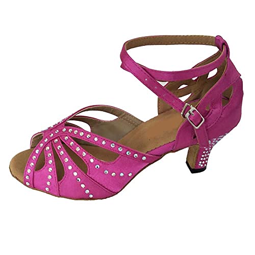 Women Latin Dance Shoe Satin with Rhinestones Ballroom Open Toe Party Salsa Dancing Shoes More Colors 2.5 Inches or Customized Heel (Hot Pink, Numeric_7_Point_5)