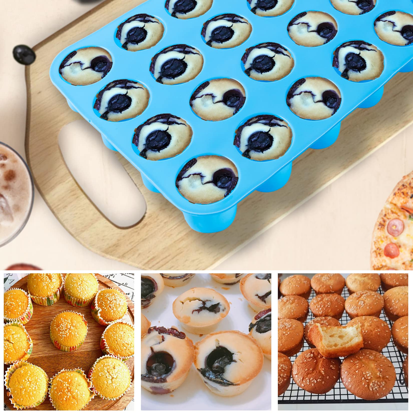 Silicone Muffin Pan, Set of 2 Non-Stick Cupcake Pans 12-Cup & Mini Muffin Pan 24-Cup, with Bonus Silicone Brush and Spatula(Blue)