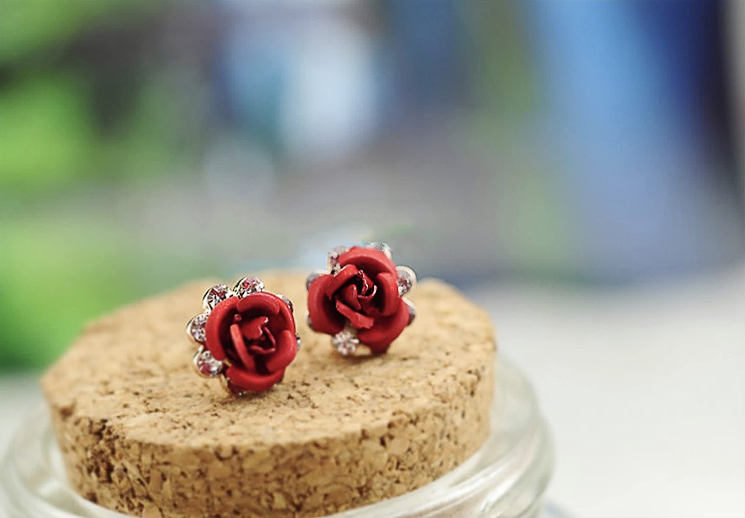 Rose Gold Plated Simple Red Rose Stud Earrings Fashion Jewelry for Women