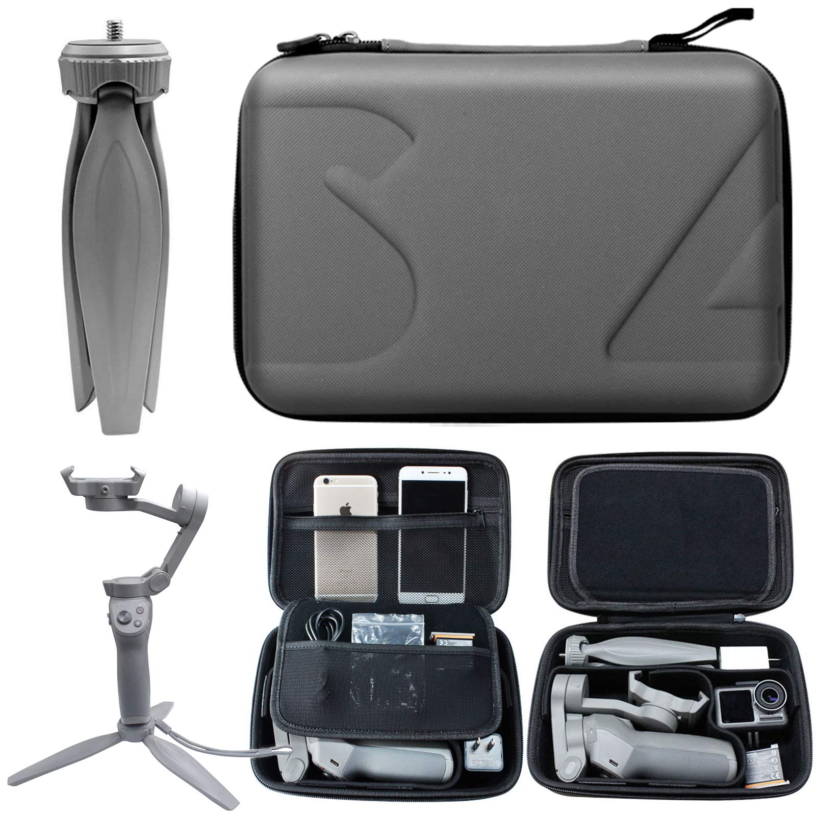 Sure RC OSMO Pocket 2 Mobile 5/4/3 Case and Tripod Bundle, Fits Gopro 11/ DJI OSMO Pocket 2, OSMO Action 3/2, Mobile 3/OM5 MO4 OM3; The Adjustable Grip Handle Tripod is Designed for DJI OSMO Mobile 3