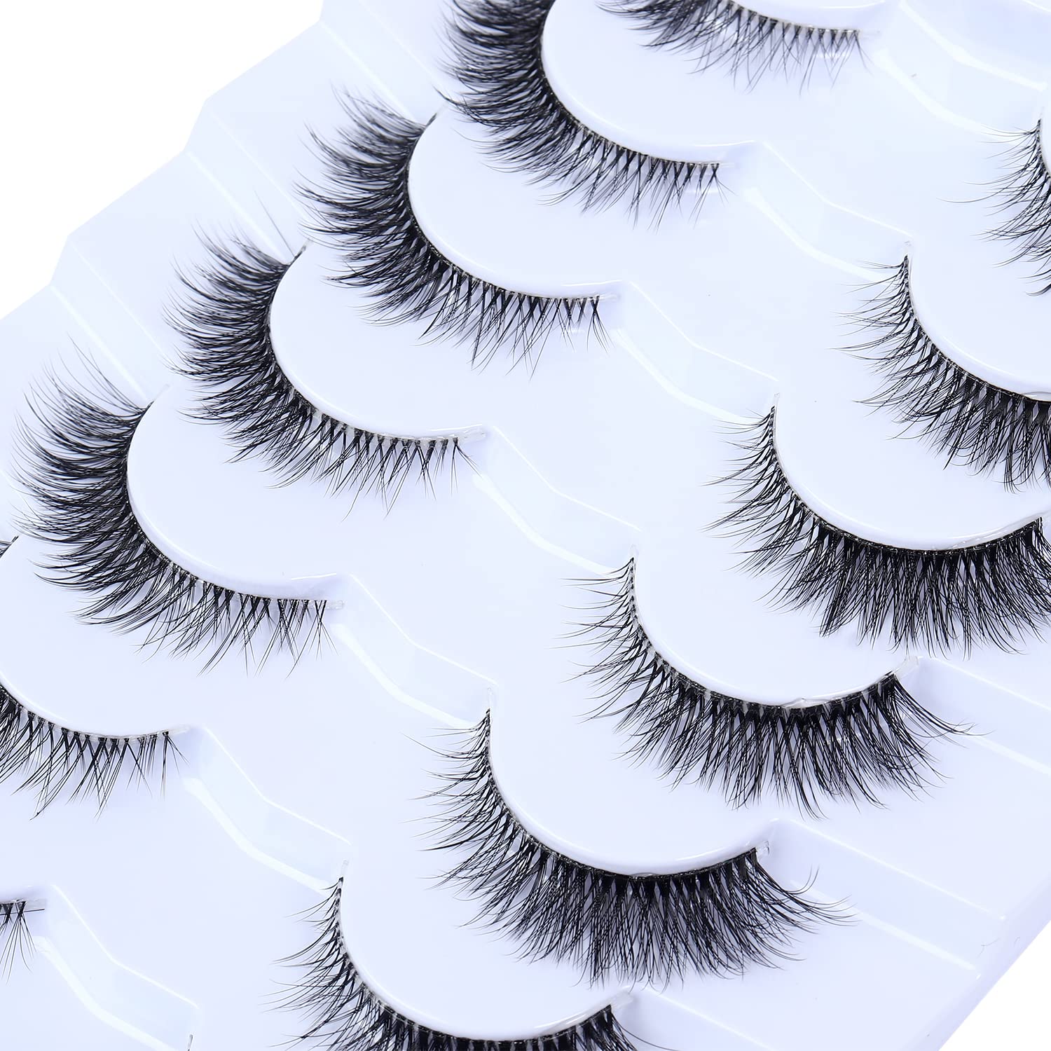 Wleec Beauty Lashes Cat Eye, Short False Eyelashes Natural Look with Clear Band, 12mm Wispy Eye Lashes Fluffy (7 Pairs, Black, CC95)