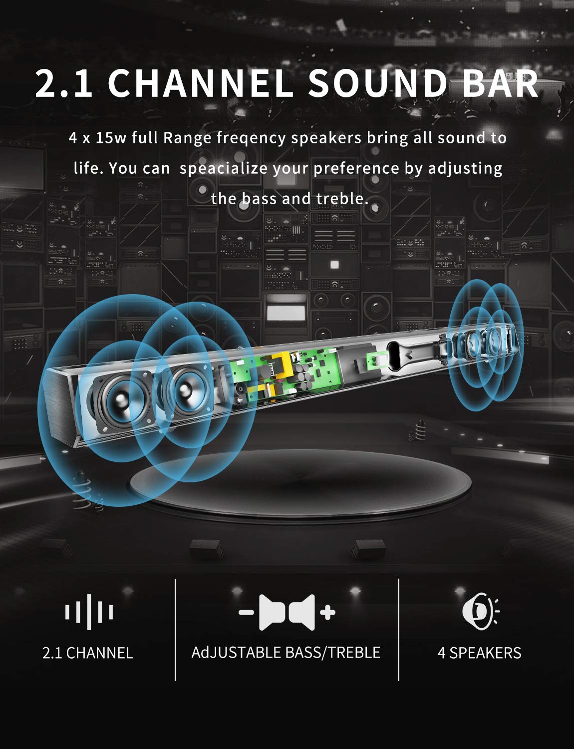 VMAI 2.1 Sound Bar with Subwoofer, 120W, Bluetooth 5.0, HDMI/Optical/Auxiliary/USB, Jet Black, 34 Inch, Wall Mountable, Bass Adjustable Surround Sound for Home Theater