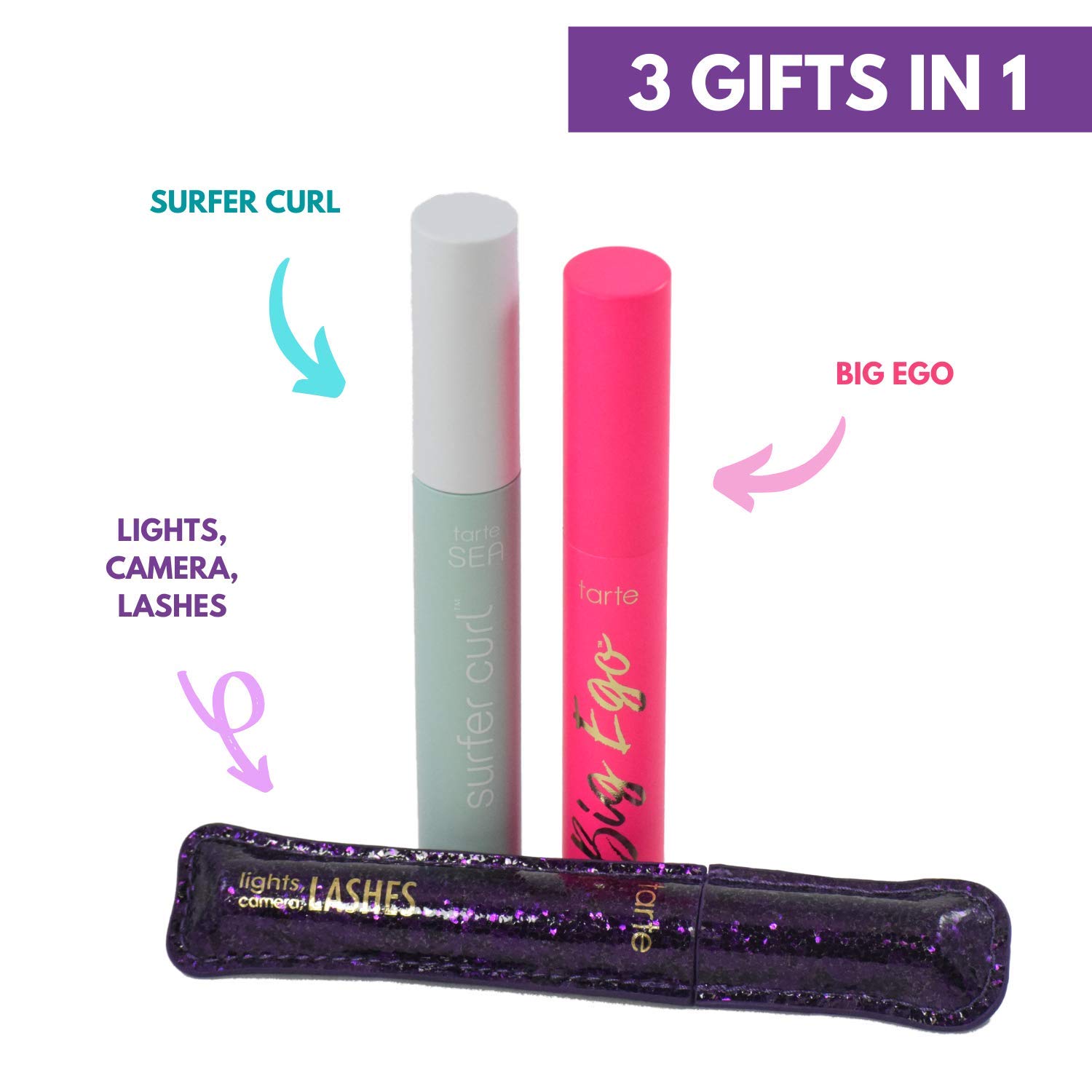 Tarte Lash Holiday 3-in-1 Full Size Black Mascara Cosmetics Gift Set - Surfer Curl, Lights Camera Lashes, Big Ego