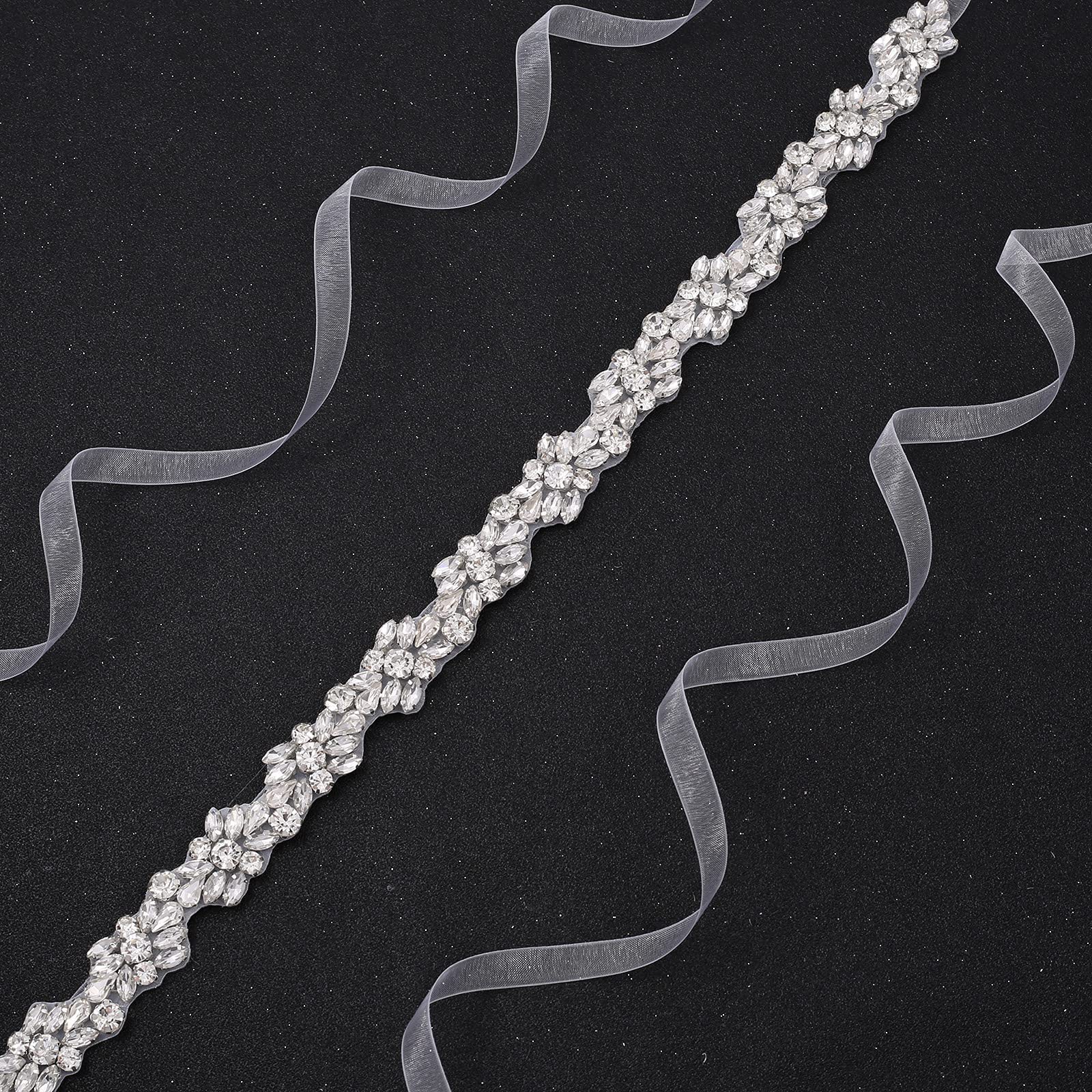 WEZTEZ Crystal Bridal Belt Handmade Wedding Sash with Rhinestones Pearls Belt for Bridal Gowns (Silver-Organza White)