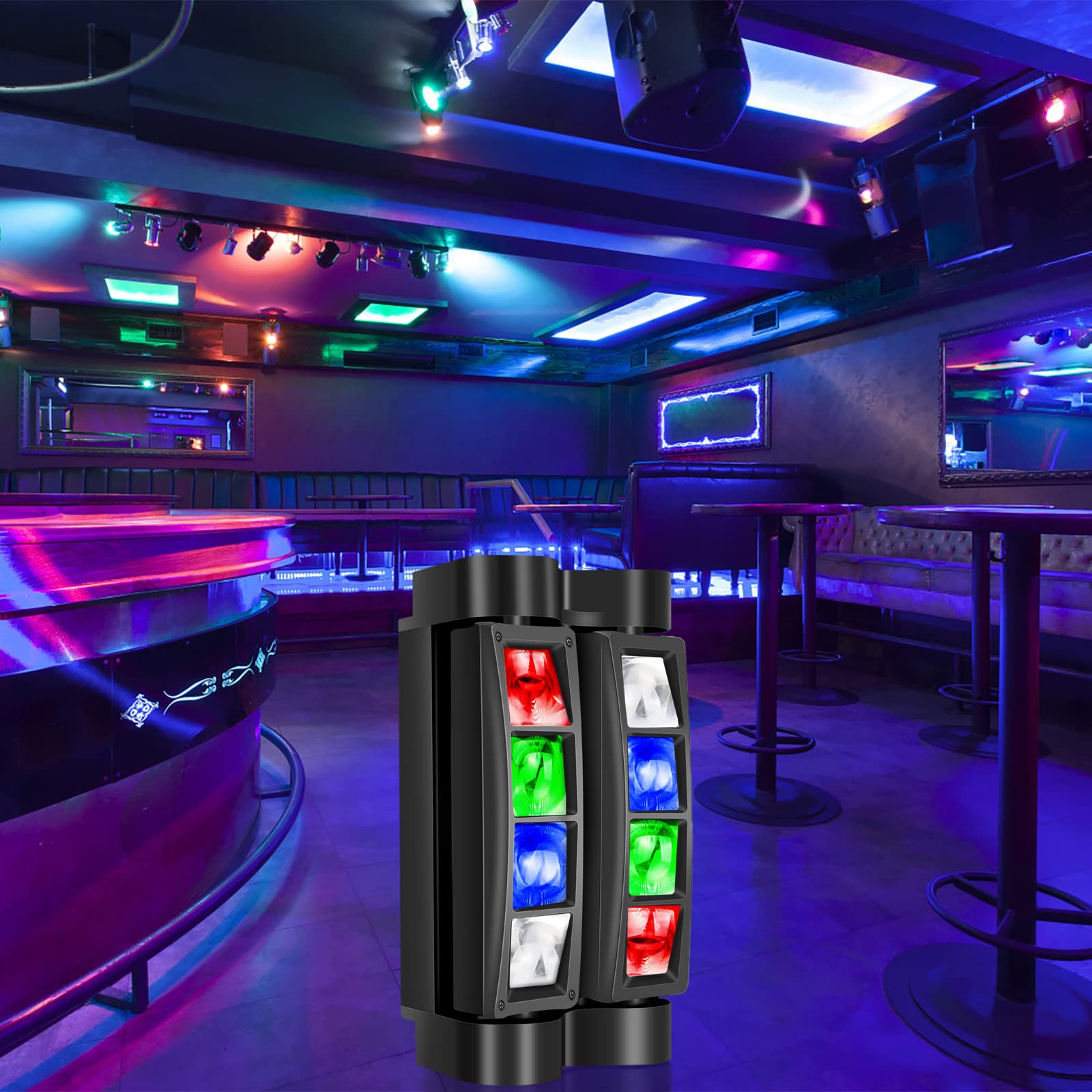 Seven Stars Moving Head DJ Light, 8 Beams Spider LED Stage Light, Master-Slave/DMX/Sound/Auto Control Modes, RGBW 4 in 1 Spotlighting for Wedding, Karaoke, Disco, Light Show and Events(1 Packs)