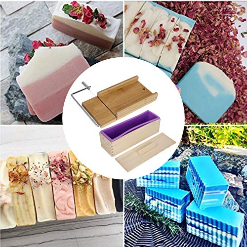Silicone Soap Molds, DIY Soap Making Kit, Reusable Hand‑Made Soap Cutter, Wooden Soap Molds DIY Crafts Accessory for Making Soap Candle Bread Chocolate (with lid)