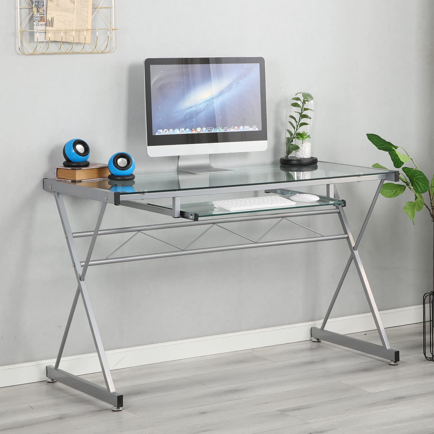 soges Computer Desk 47.2inch Glass Desk Workstation Office Desk with Pullout Keyboard Tray,Clear UT-093