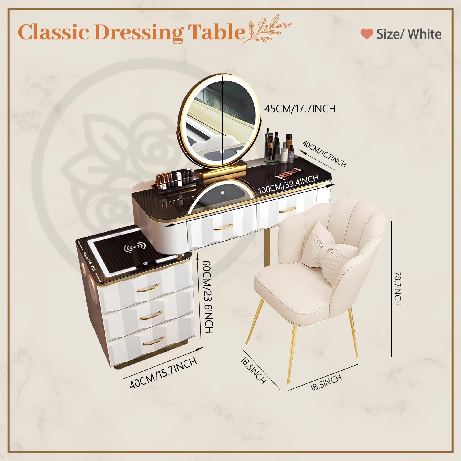 REDVOIU Vanity Set-Smart Vanity Desk with Bluetooth Speaker and Wireless Charging Station ,Mirror with Led Lights,5 Solid Wood Drawers,Include Vanity Chair (Petal Chair, White100CM/39.4IN)