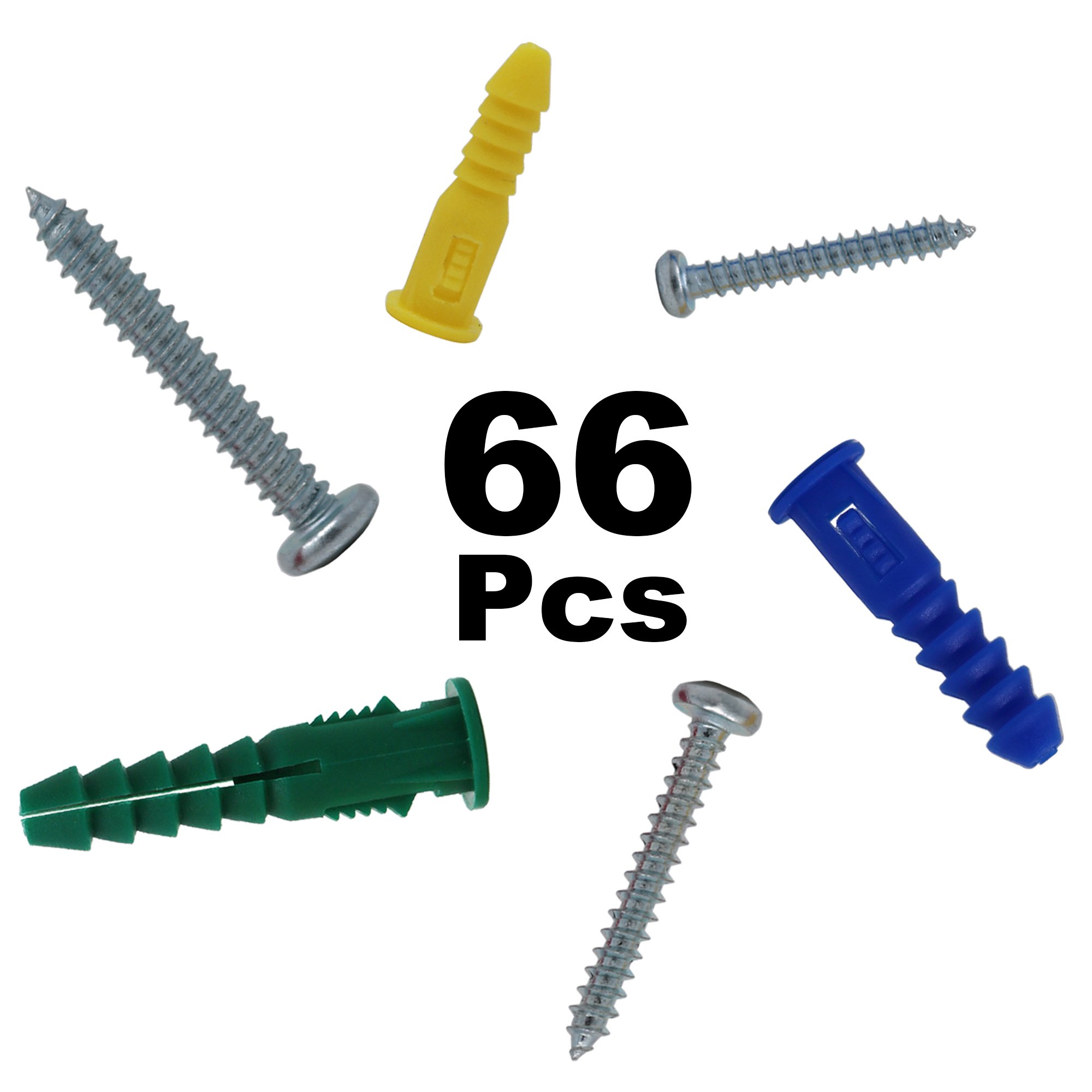 T.K.Excellent Plastic Self Drilling Drywall Ribbed Anchors with Phillips Pan Head Self Tapping Screws Assortment Kit,66 Pieces