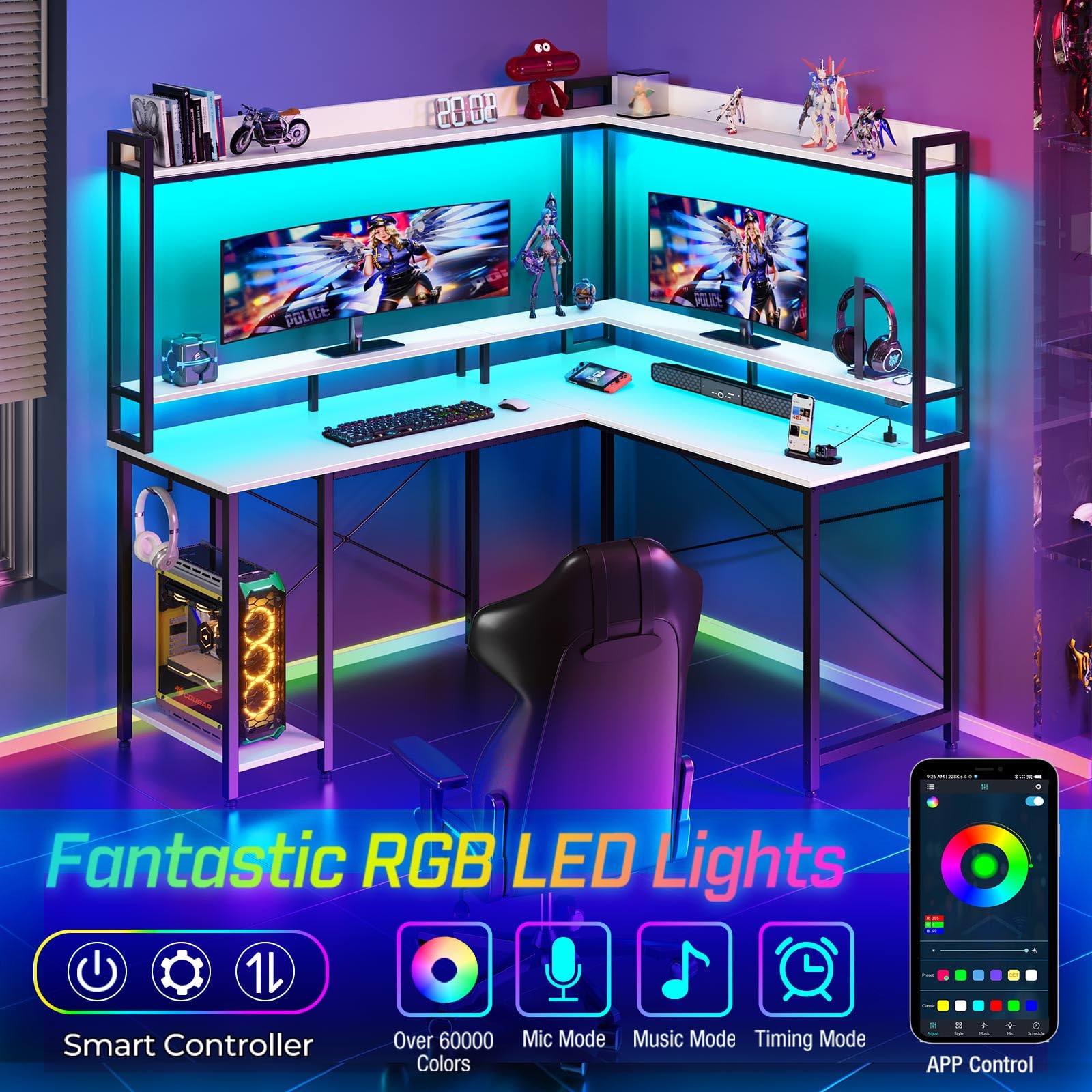 Rolanstar Computer Desk with Hutch & Storage Shelves, Gaming Desk with LED Lights & Power Outlets, L Shaped Desk, Corner Desk Home Office Desks, White