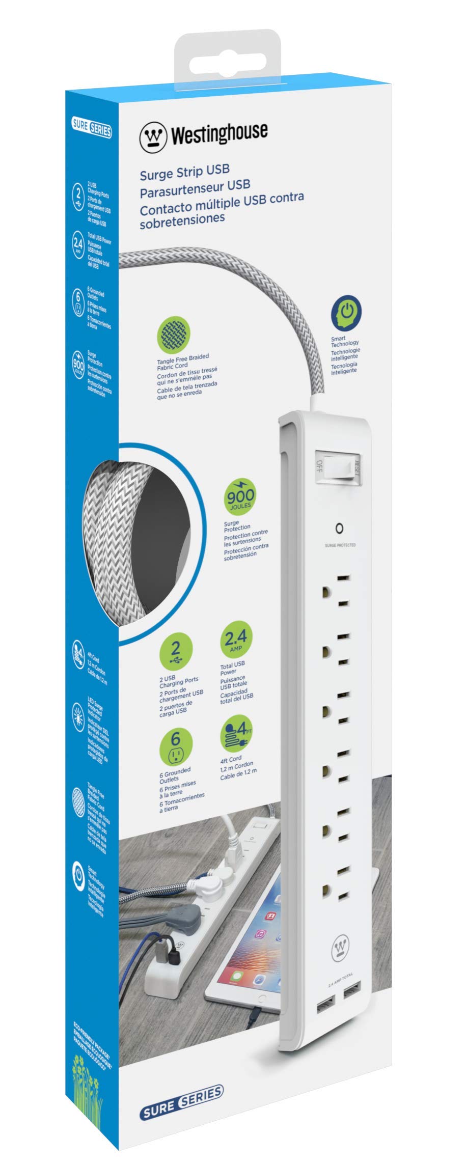 Westinghouse 96021 Strip 6-Outlet 2-USB 900 Joule Surge Protector with Fabric Braided Tangle Free Cord, White