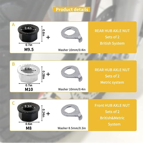 YINARONG Bicycle Hub Flanged Axle Nut and Safety Washer Kit, 3 Size for Front and Back Bike Wheel