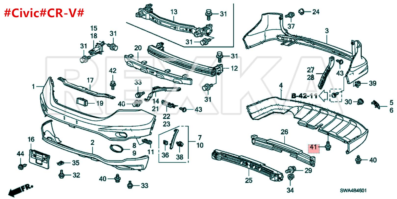 Rexka 40pcs Bumper Fender Grille Splash Shield Clips 91506-S9A-003 Stem Length 16 mm Compatible with Honda Acura Accord Civic CR-V Odyssey MDX RDX TSX TL ILX