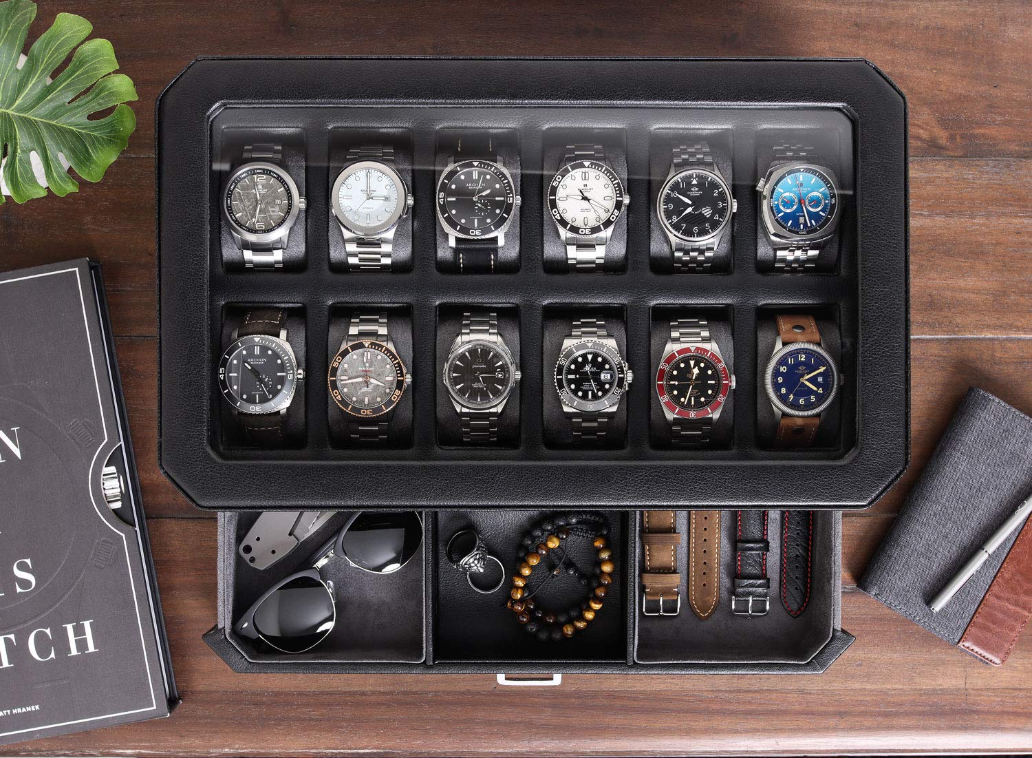 ROTHWELL 12 Slot Leather Watch Box with Valet Drawer - Luxury Watch and Jewelry Case Display Organizer, Microsuede liner, Mens Locking Watch Storage Holder Large Glass Top (Black/Grey)