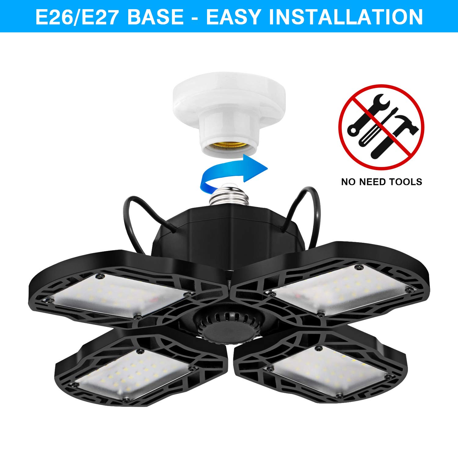 YeeSite LED Garage Lights, 100W Garage Ceiling Lights with 4 Folding Panels 10000LM, E26/E27 Sockets Included, Easy-Installation Shop Garage Lighting for Basement, Workshop, Barn, Warehouse(2 Pack)