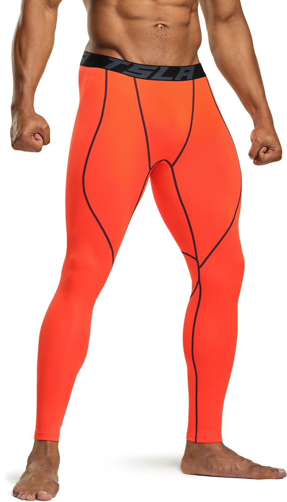 TSLA Men's Thermal Compression Pants, Athletic Sports Leggings & Running Tights, Wintergear Base Layer Bottoms, Heatlock Pure Orange, Large