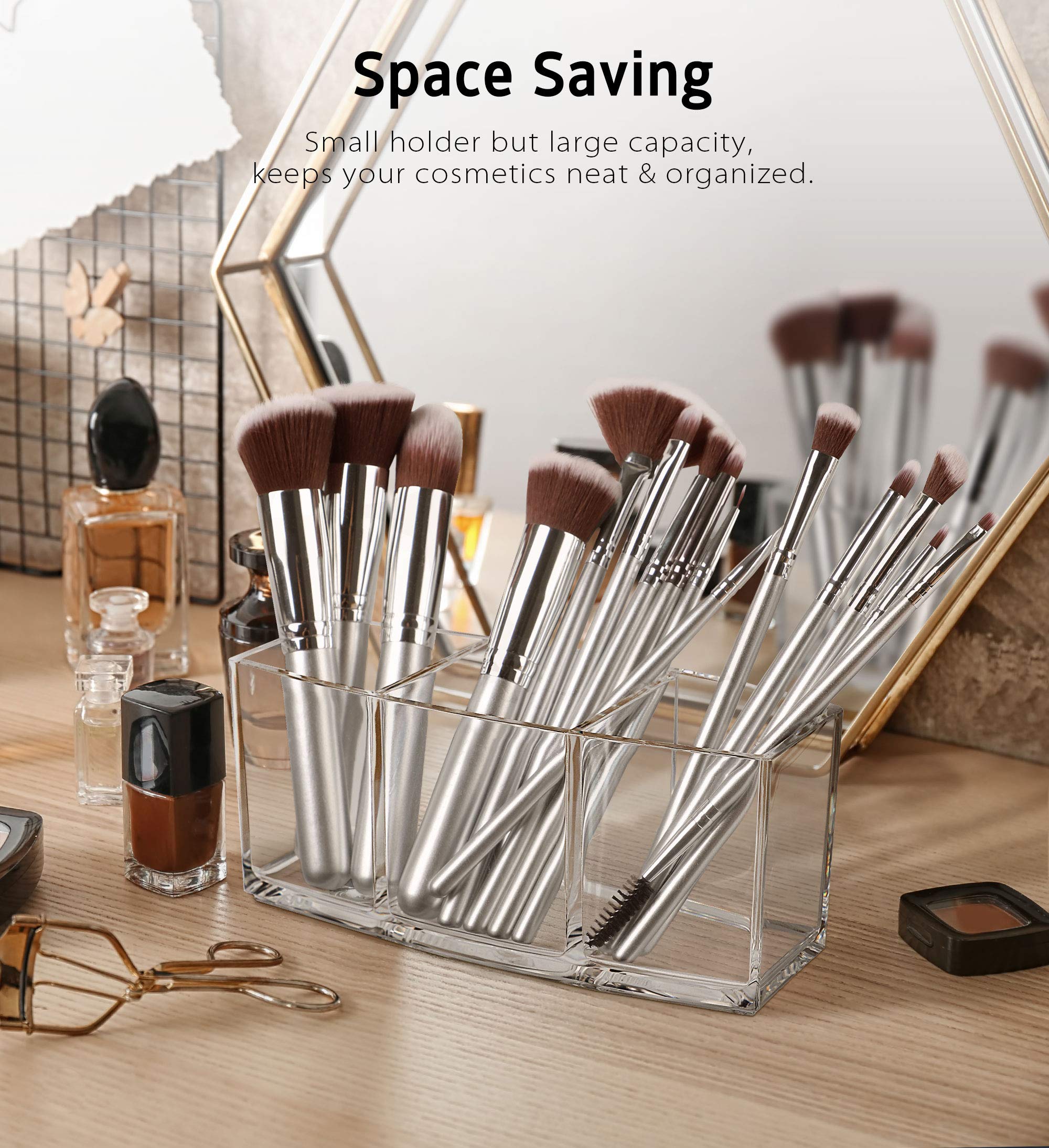 Syntus Makeup Brush Holder Organizer, Acrylic 3 Slot Large Capacity Cosmetic Brushes Storage Box, Clear