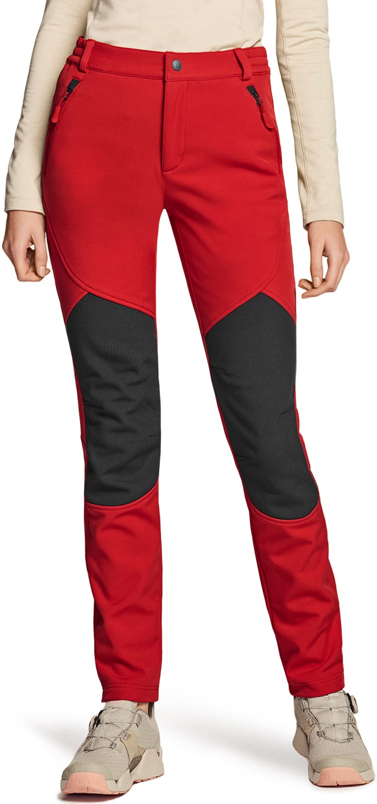 TSLA Women's Softshell Winter Snow Ski Pants, Fleece Lined Waterproof Hiking Pants, Insulated Work Outdoor Pants, 2-layer Reinforced Knee Red, Small