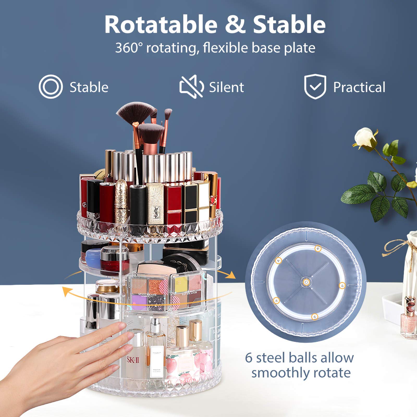 Syntus Makeup Organizer 360 Rotating, DIY Adjustable Bathroom Makeup Carousel Spinning Holder Rack, Large Capacity Cosmetics Storage Box, Fits Makeup Brushes, Lipsticks, Clear