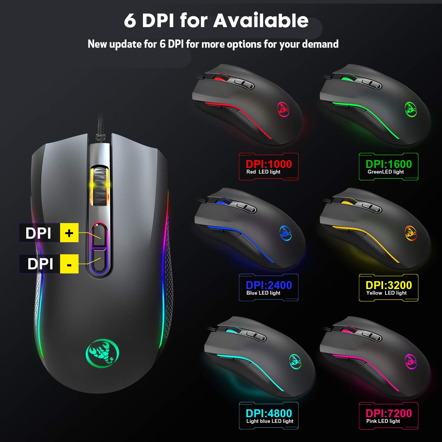 TKOOFN RGB Gaming Mouse, 6 DPI (1000/1600/2400/3200/4800/7200) Optical LED Wired Mouse with Programmable 7 Keys RGB Marquee Effect Light, Ideal for Computer Games & Daily Use