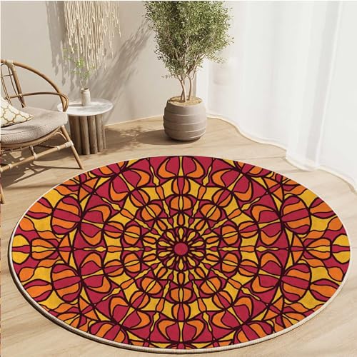 Round Chair Mat for Carpet Ornament Mandala Heavy Duty Floor Protector Orange Non-Slip Floor Mats Office Rug Floor Protectors 4 FT