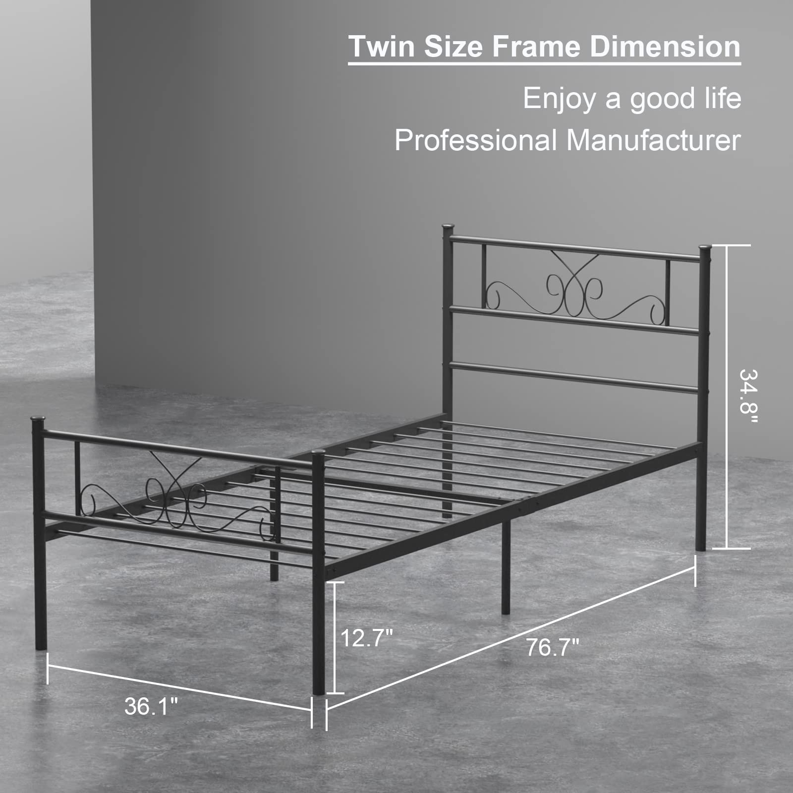 SimLife Twin Size Bed Frame with Headboard and Footboard Metal Platform Bed for Kids Adults No Box Spring Support Needed Easy to Put Together Black