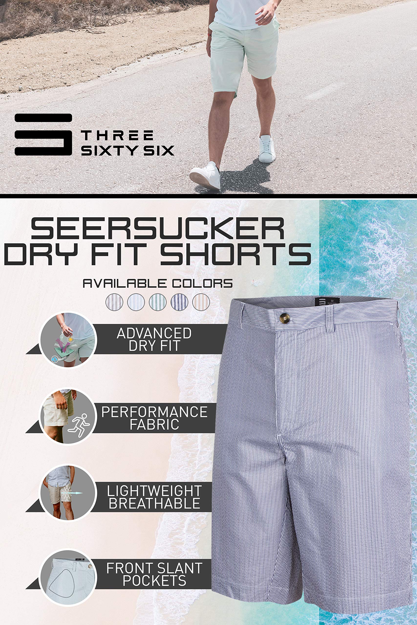 Three Sixty Six Seersucker Golf Short for Men - Quick Dry Casual Walk Shorts - 10 Inch Inseam Grey