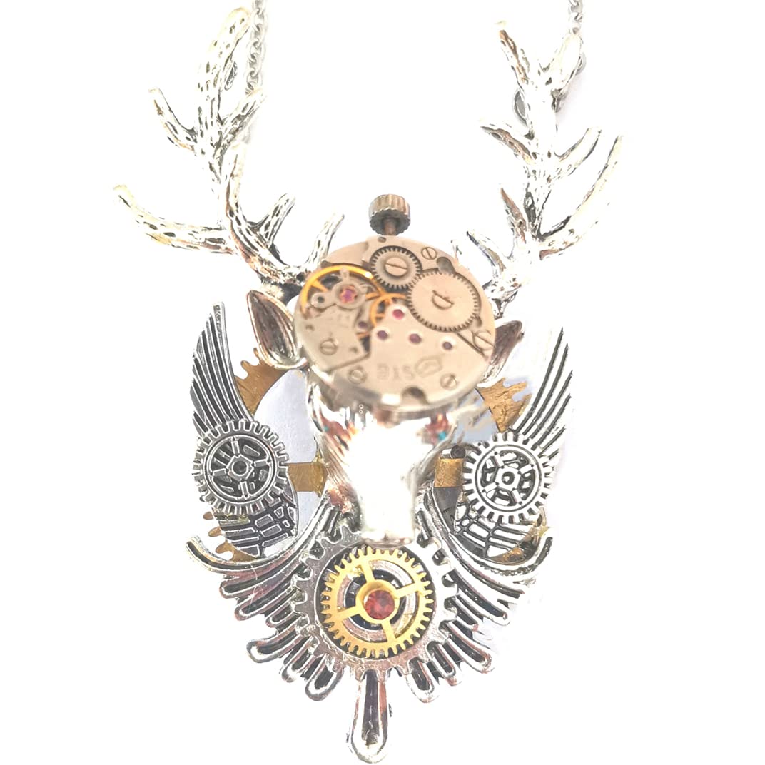 Steampunk Gothic Handmade Deer Elk Antler Mechanical Watch Movements Double Use for Brooch Pin and Necklace Pendant