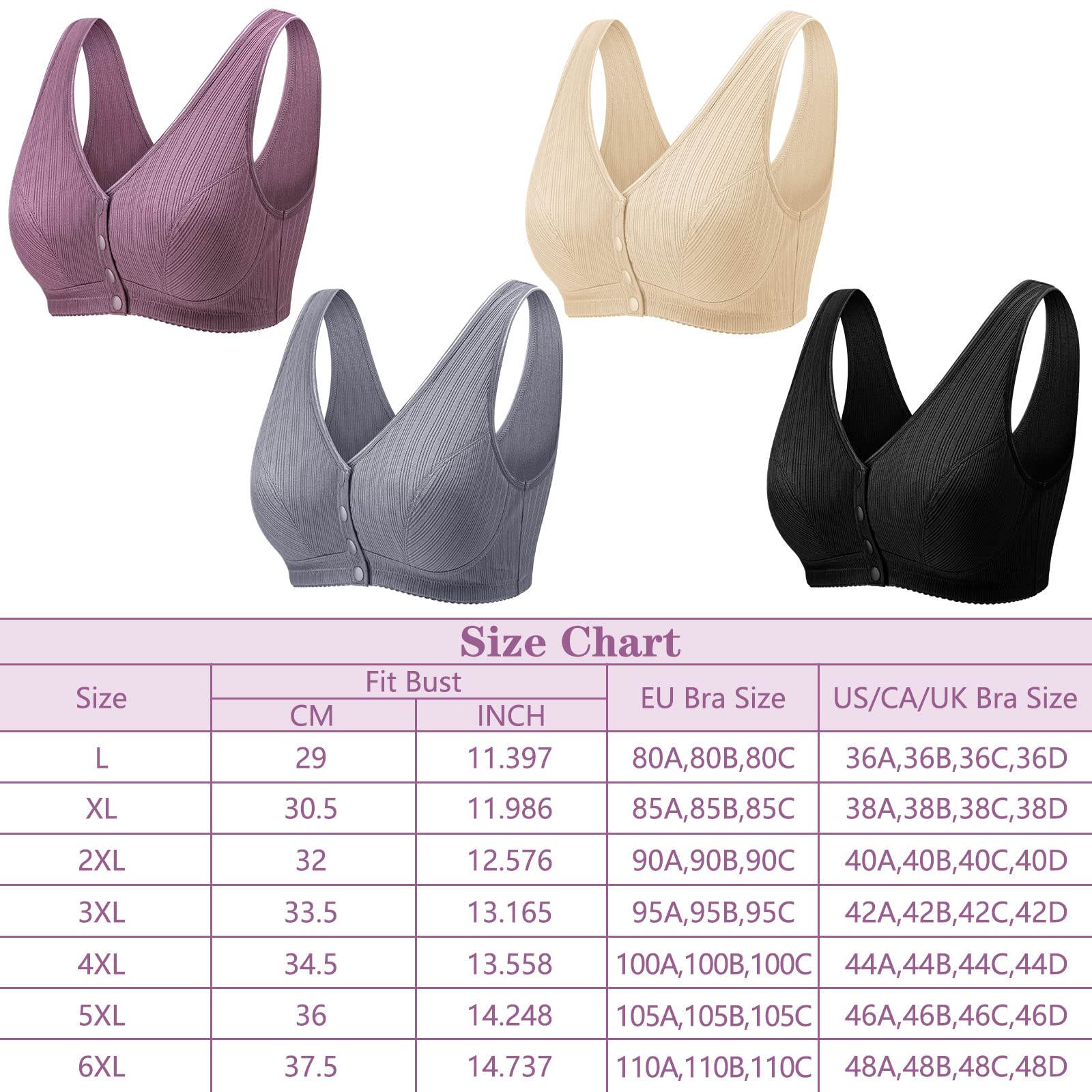 Zhanmai 4 Pack Convenient Front Button Bra Sleep Bras Front Closure Everyday Sports Bras for Middle Aged Elder Woman (Fresh Color,Multi Style,L)