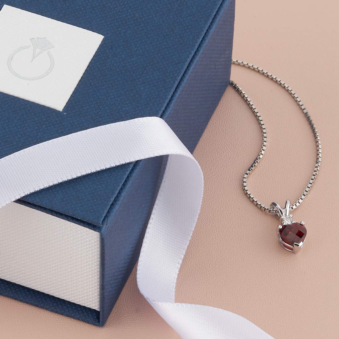 Peora 14K White Gold Garnet and Diamond Heart Pendant for Women, Genuine Gemstone Birthstone, 1.35 Carats with 18 inch Chain
