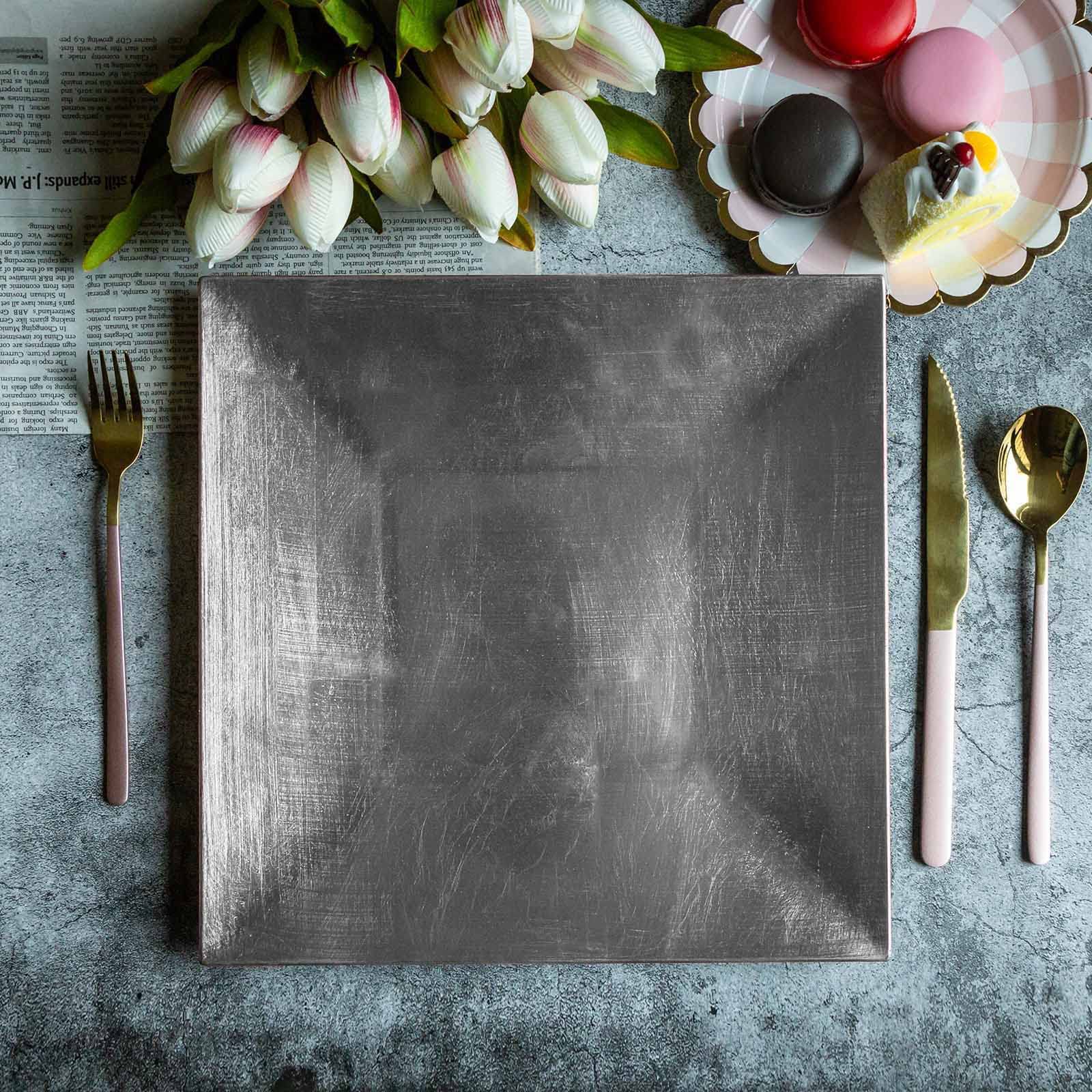 TABLECLOTHSFACTORY 6pcs 12" x 12" Silver Square Charger Plates for Tabletop Decor