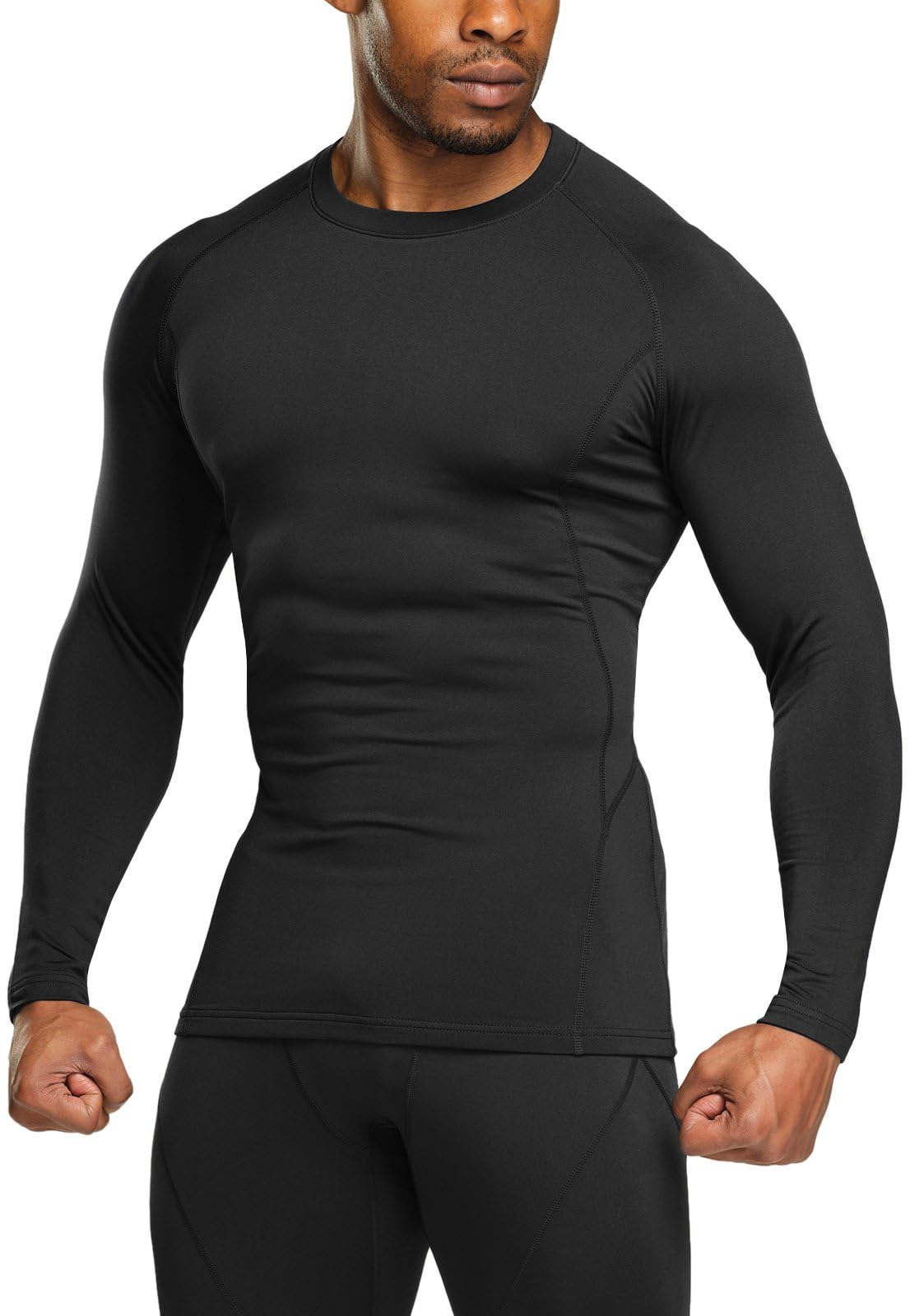 TSLA Men's Thermal Long Sleeve Compression Shirts, Athletic Base Layer Top, Winter Gear Running T-Shirt, Heatlock Round Neck Black, Medium