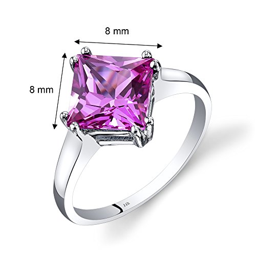 PEORA 14K White Gold 3.25 Carats Created Pink Sapphire Solitaire Ring, AAA Grade Princess Cut