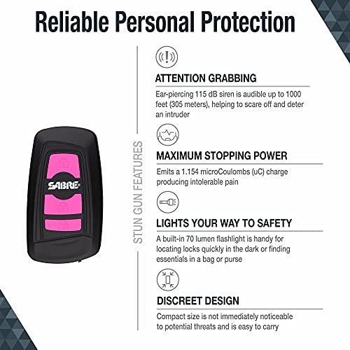 SABRE Compact Stun Gun, Flashlight & Personal Alarm –Rechargeable 3-in-1 Personal Safety Tool w/ Wrist Strap for Quick Access, Pink Stun Gun