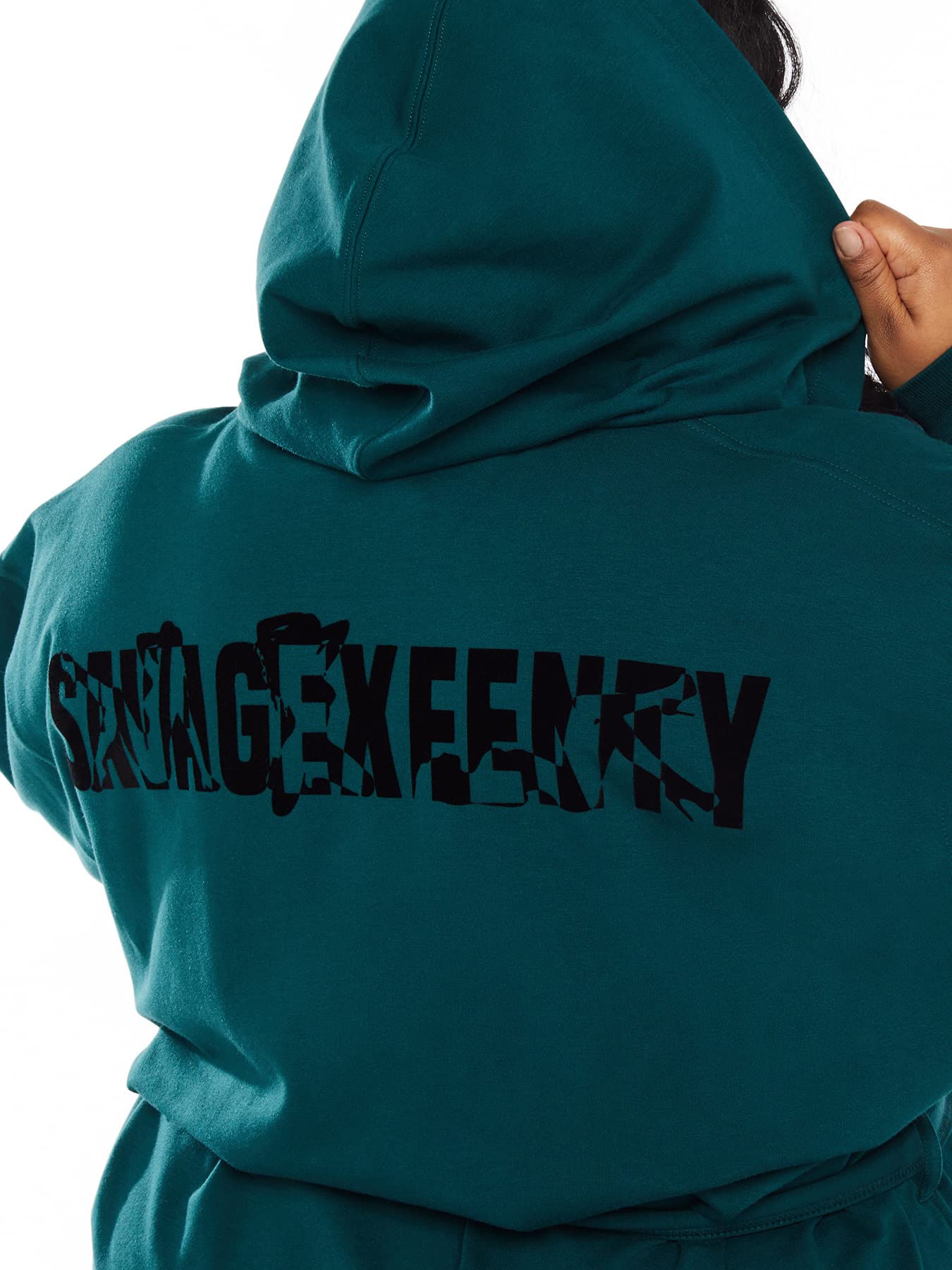 Savage X Fenty, Women's, Showgirl Graphic Savage X Short Robe, Hood, Front pockets, Belt tie, Hunter Green, 2X/3X