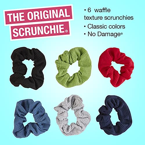 Scunci by Conair The Original Scrunchie Waffle Knit Scrunchies in Navy, White, Red, Blue, Grey and Black, Hair Ties for Women, 6 Count