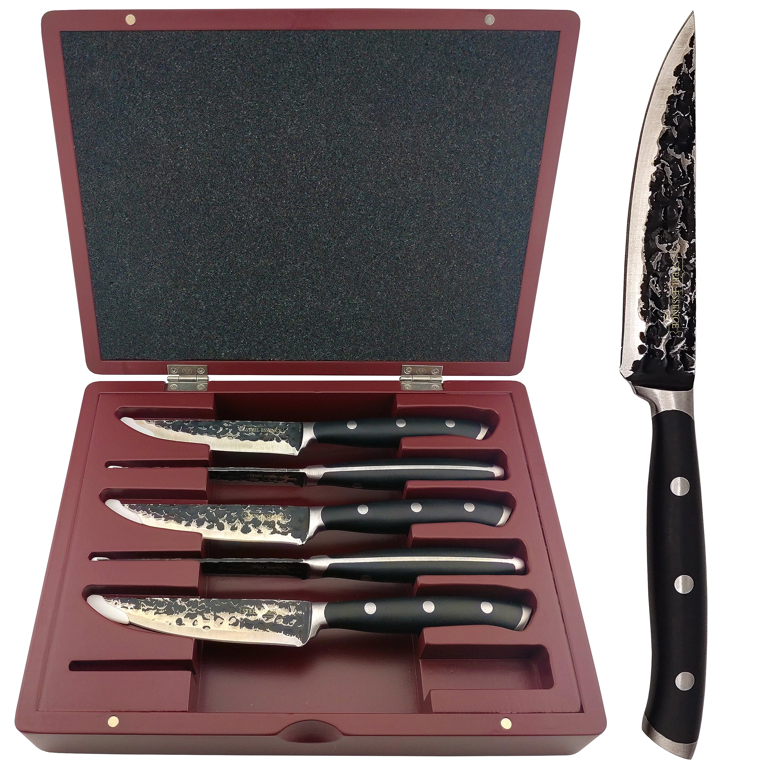 STEEL ESSENCE Premium Steak Knives Set of 6 with Unique Black Pattern - Gift Set | Stainless Steel Steak Knife Set