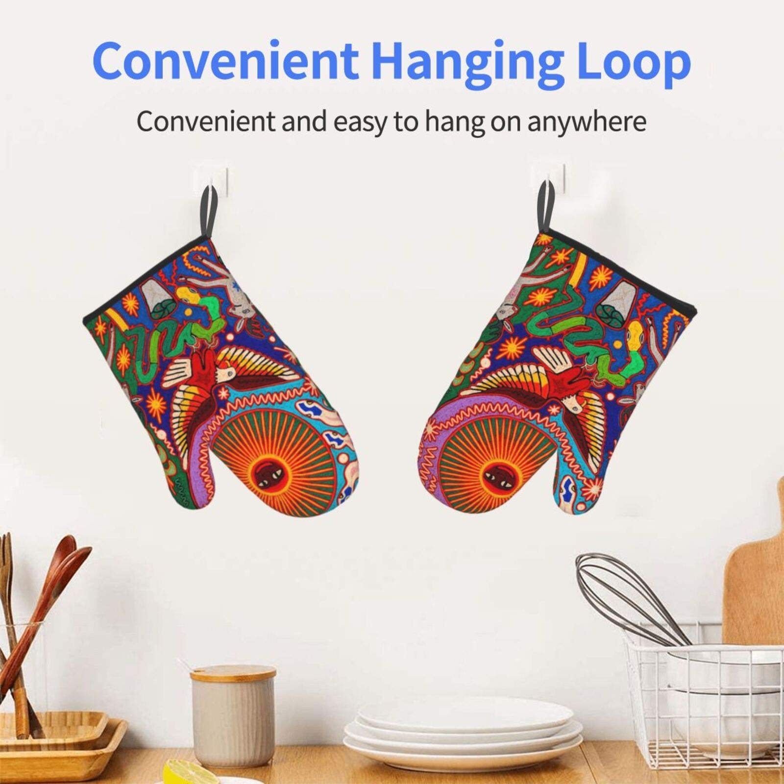 Wolla-ST Colorful Hispanic Oaxaca Mexican Mayan Tribal Boho Bohemian Oven Mitts 1 Pair Kitchen Heat Resistant Nonslip Silicone Oven Gloves Potholders Set for Cooking Baking BBQ, One Size, Black